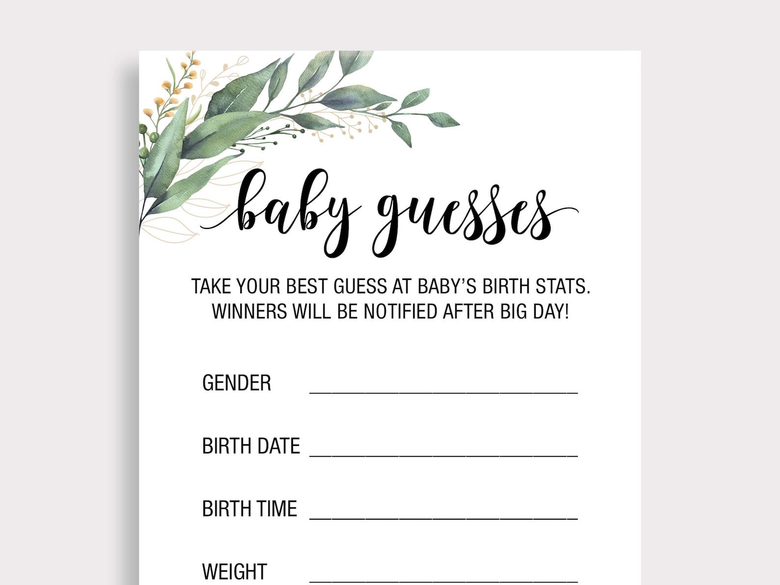 Baby Guesses Card, Printable Baby Guesses Game, Greenery Baby Shower ...