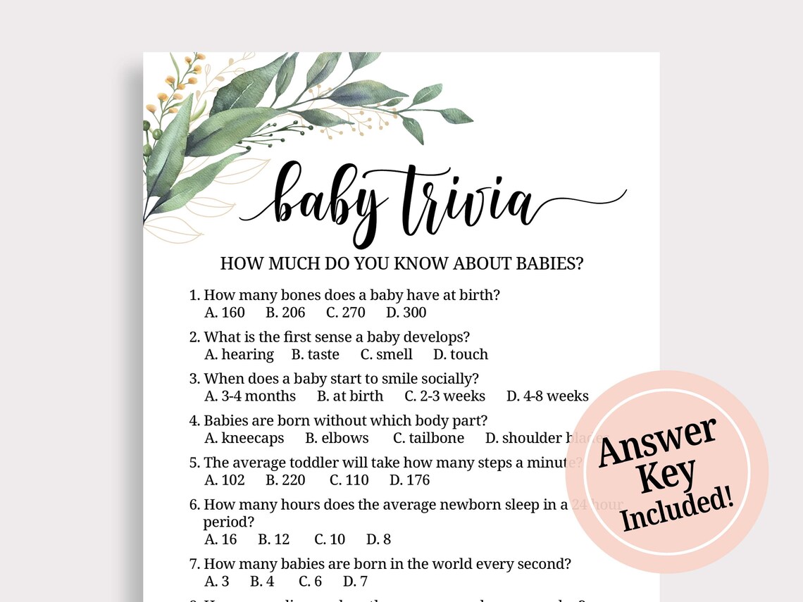 Baby Trivia Game Baby Shower Trivia Greenery Baby Shower - Etsy
