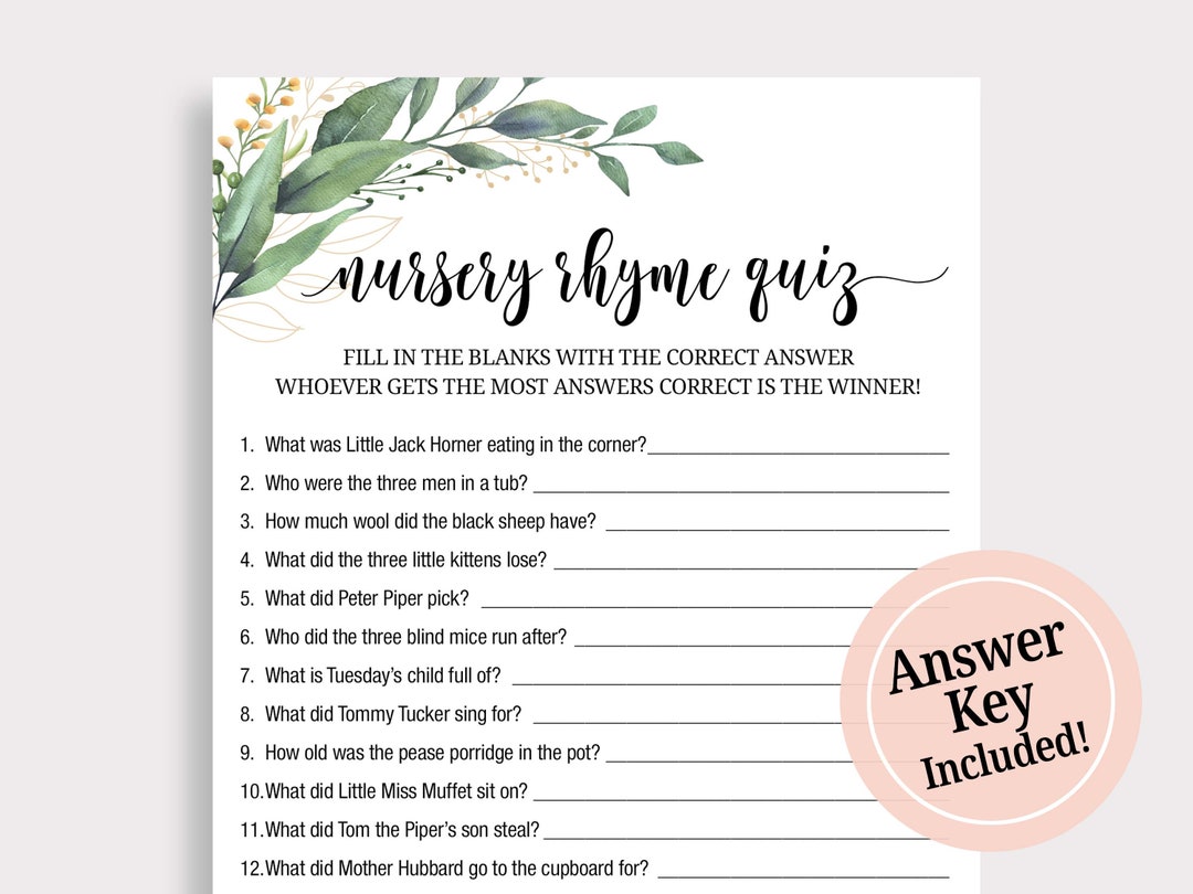 Nursery Rhyme Quiz, Nursery Rhymes Baby Shower Games, Nursery Game ...