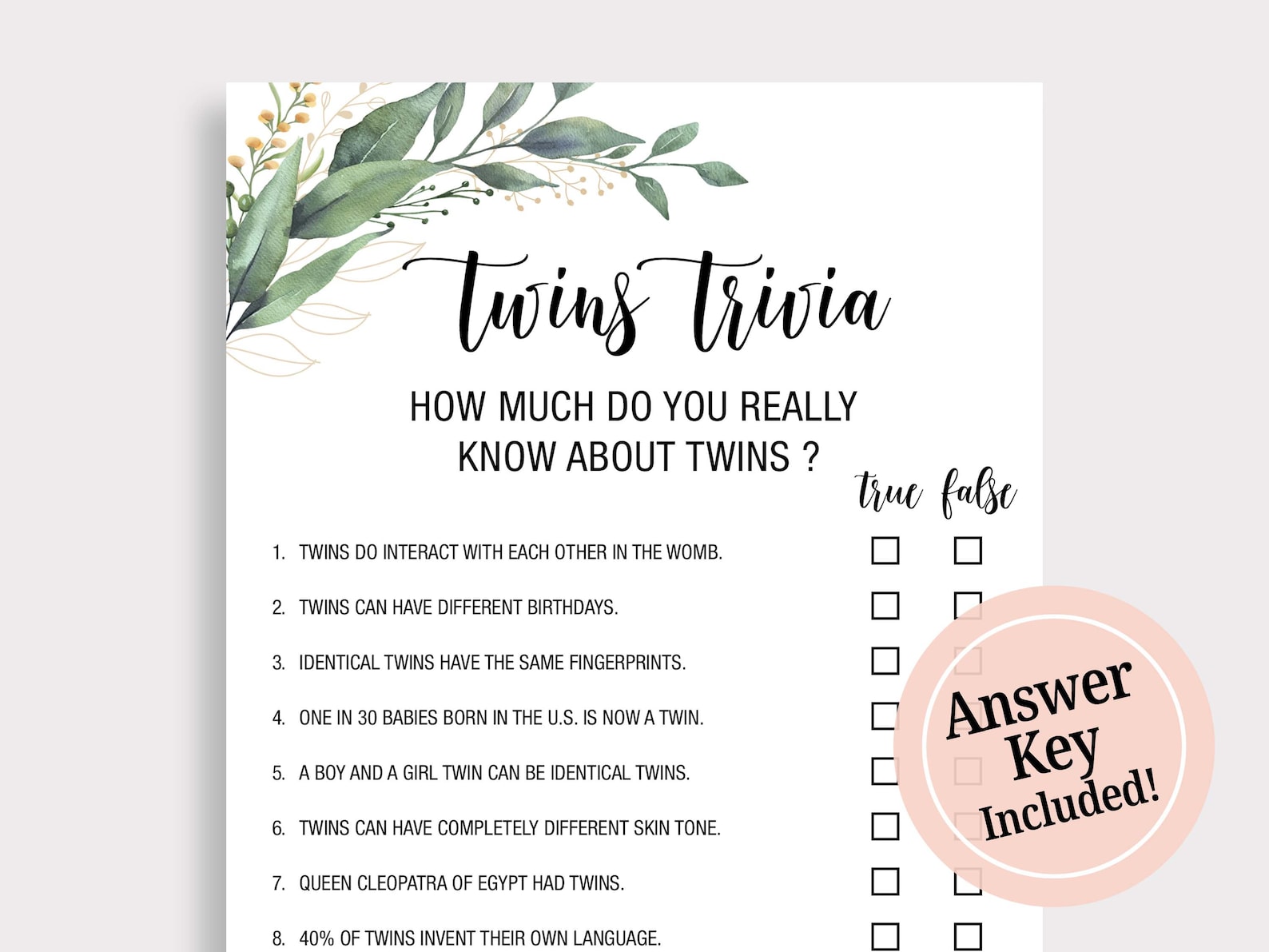 Baby Shower Twins Trivia Game Greenery Twins Trivia Game Twins Baby ...