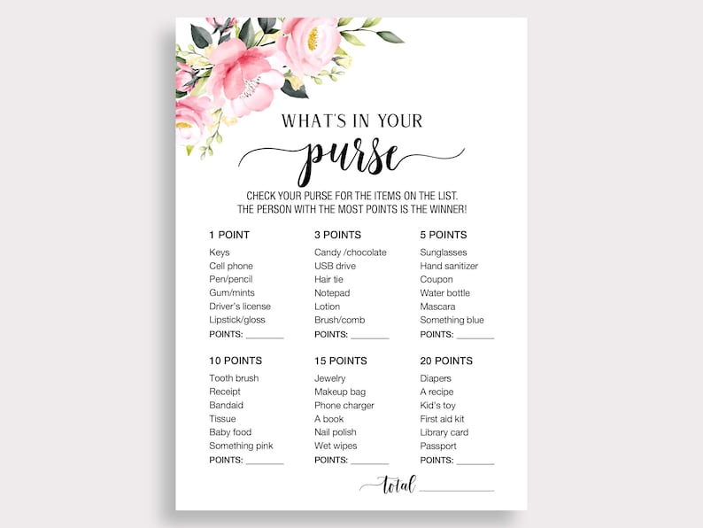 What's in Your Purse Game Baby Shower Purse Game Pink Roses Floral Girl ...