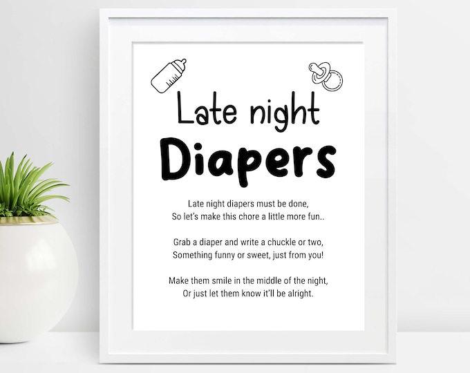 Late Night Diapers Sign, Modern Baby Shower Activity, Nappy Notes 5x7 ...