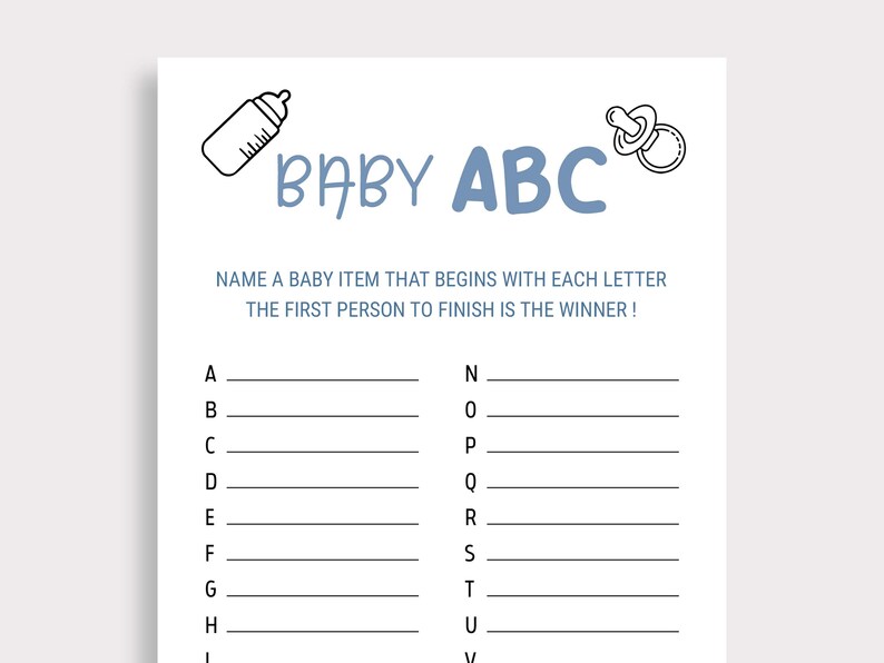 Baby ABC Game Baby Shower Alphabet Game A to Z Item Name Blue - Etsy
