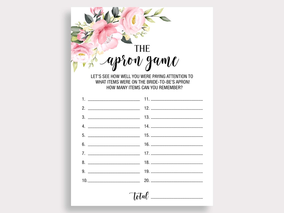 Pink Floral Apron Game, Guess the Items on Apron, Boho Bridal Shower ...