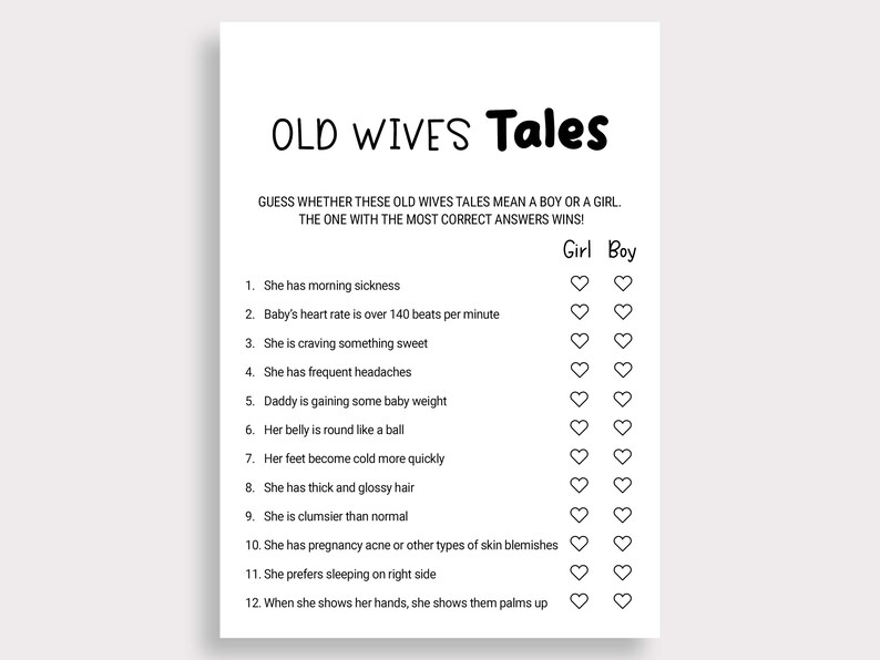 Old Wives Tale Game Old Wives Tales Boy or Girl Baby Shower - Etsy
