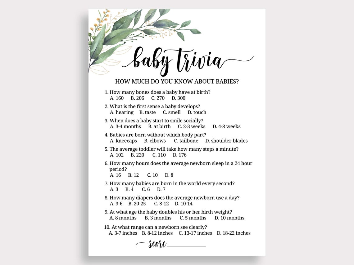 Baby Trivia Game, Baby Shower Trivia, Greenery Baby Shower Games ...