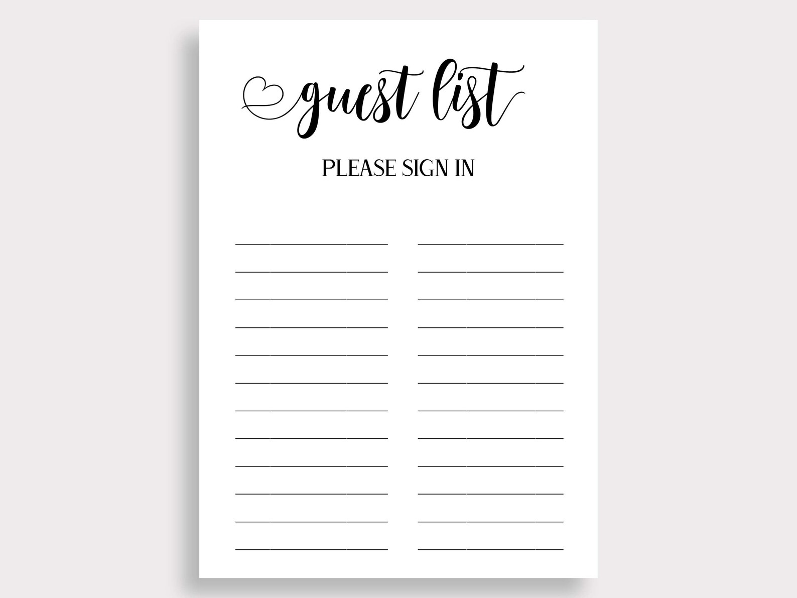 Printable Guest List Please Sign, Minimalist Guest Checklist, Printable ...