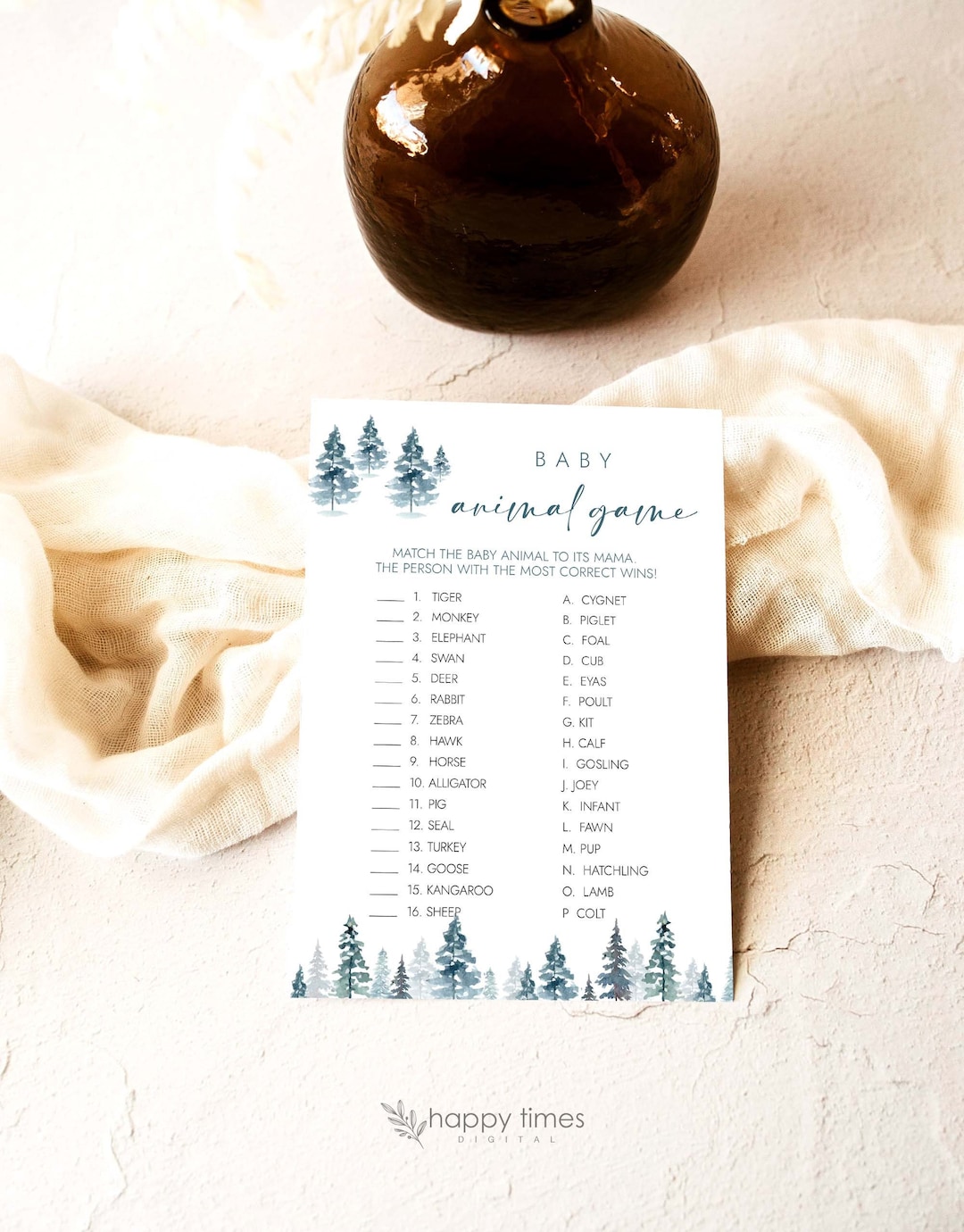 Winter Baby Shower Game Pine Tree Baby Shower Game Baby Animal Game ...