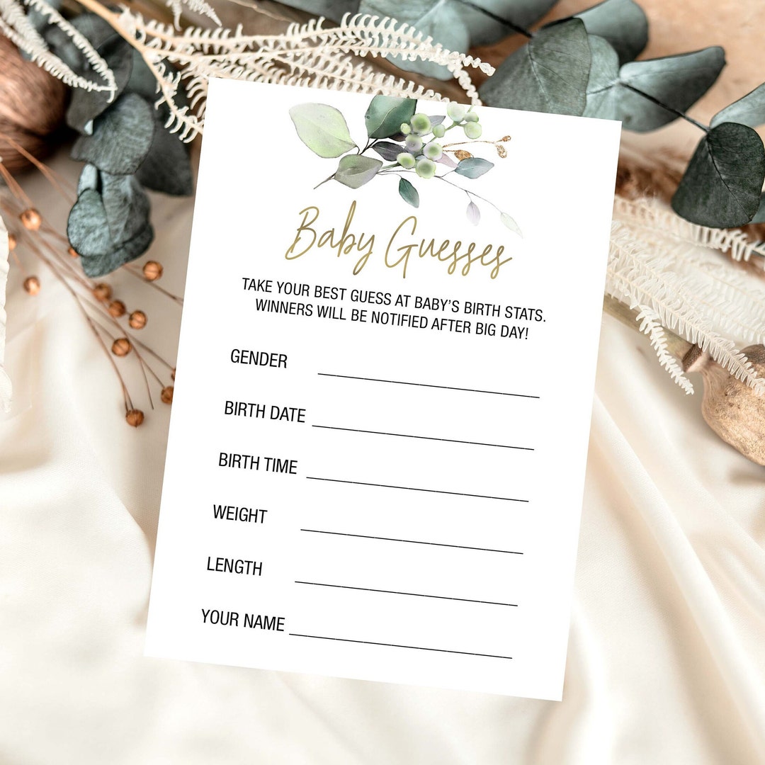 Guess Baby's Birth Stats Baby Guesses Card Baby Predictions Greenery ...