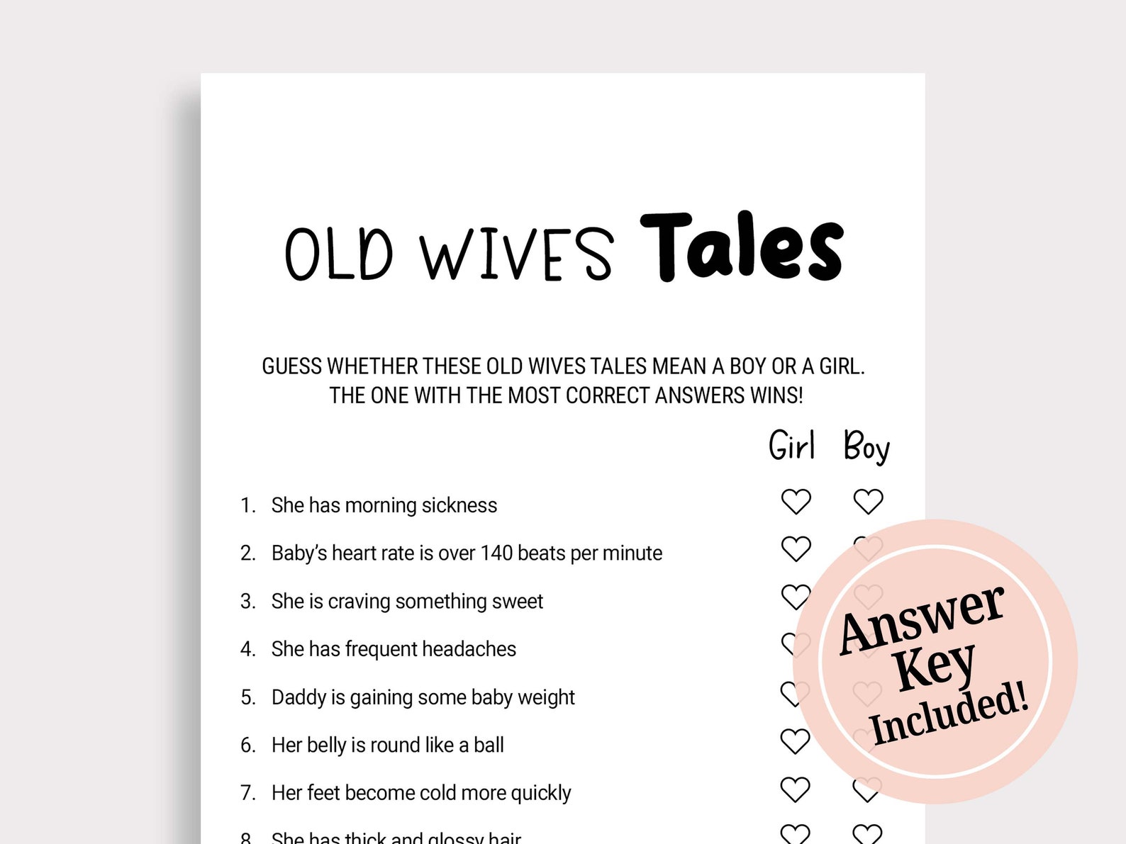 Old Wives Tale Game Old Wives Tales Boy or Girl Baby Shower Game Gender ...