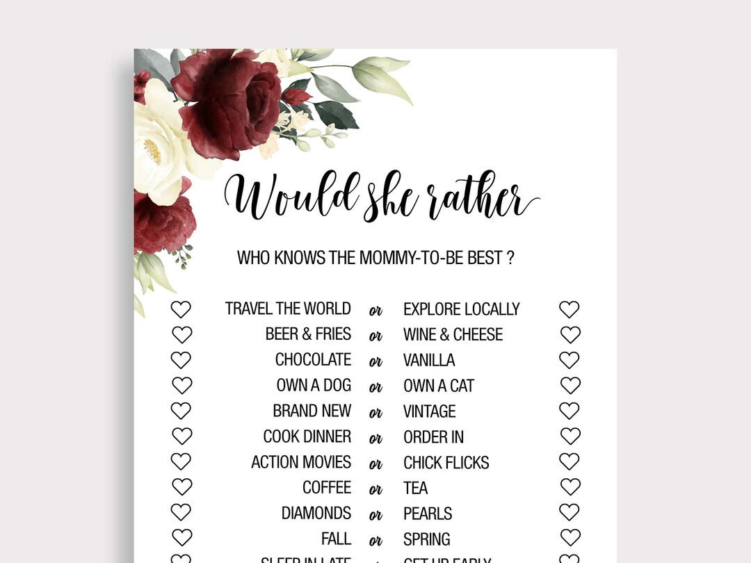 Would She Rather Baby Shower Game, Who Knows Mommy Best Game, Printable ...
