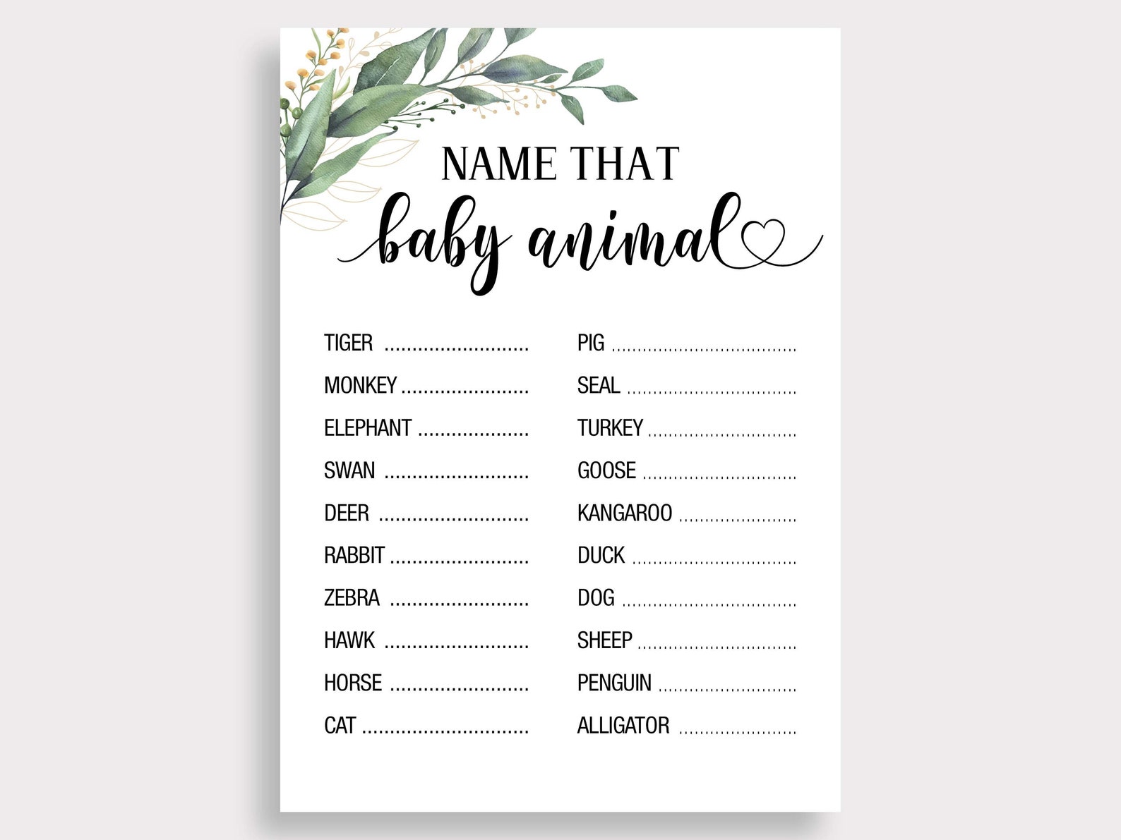 Baby Animal Game Baby Shower Guess Baby Animals Cards Animal - Etsy