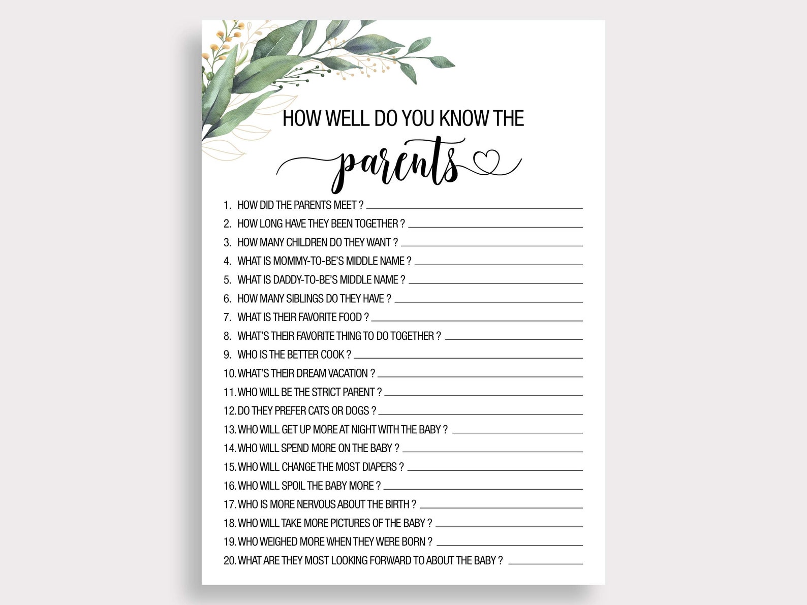 How Well Do You Know the Parents Printable Baby Shower Games Greenery ...
