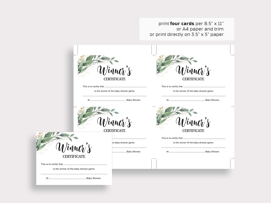 Baby Shower Game Winner Certificate, Greenery Baby Shower Certificates ...