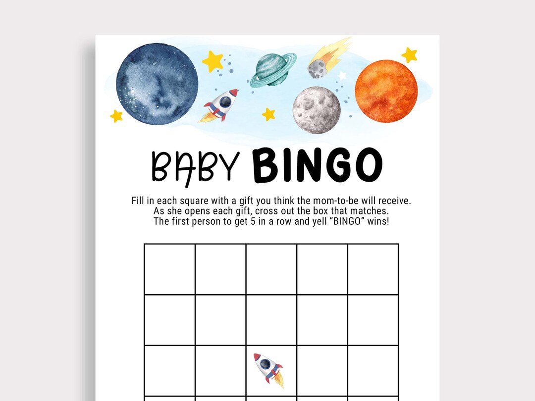 Baby Bingo Game Cards Outer Space Baby Shower Space Galaxy Planets ...