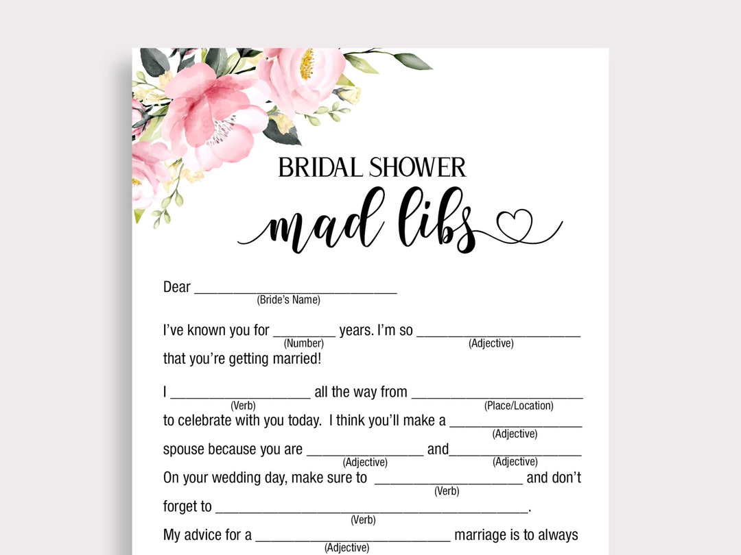 Bridal Shower Mad Libs, Floral Bridal Mad Libs, Mad Libs Bride Advice ...