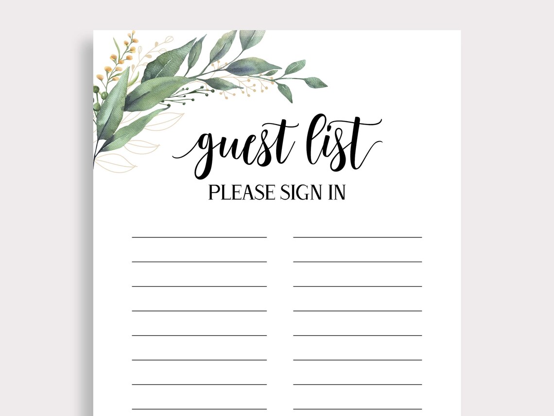 Greenery Guest List, Bridal Shower Guest List, Please Sign in Baby ...