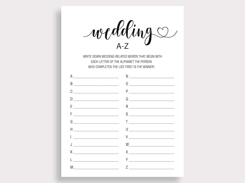 Bridal Alphabet Game Wedding A to Z Minimalist Wedding - Etsy