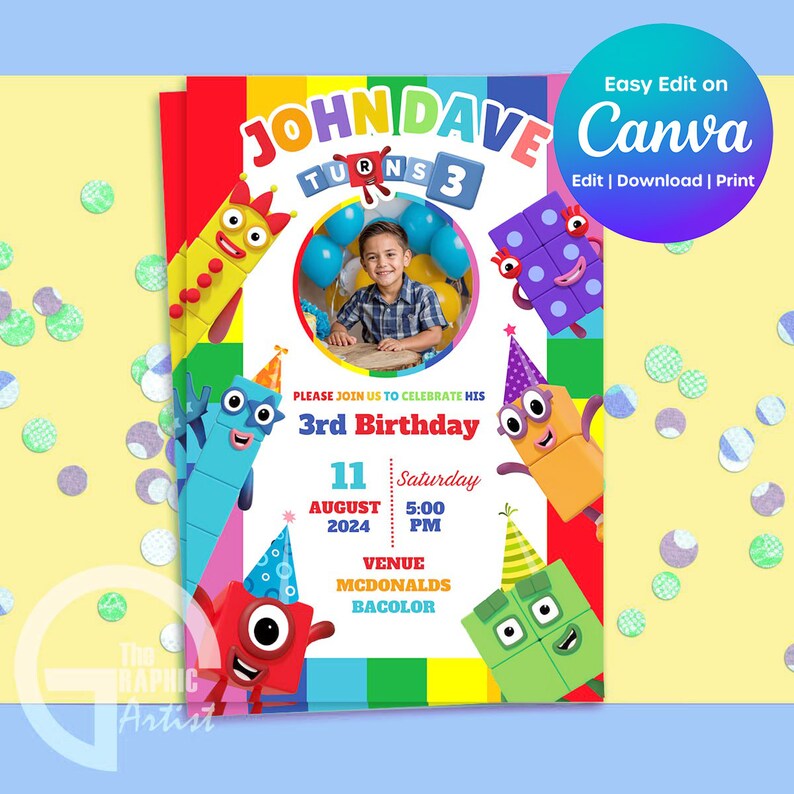 Number Blocks Theme Invitation Printable Template - Etsy Australia