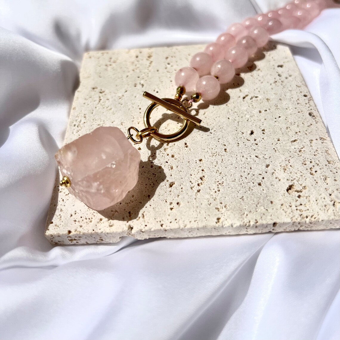 Rose Quartz Beaded Necklace With Raw Rose Quartz Pendant, Hand Knotted ...