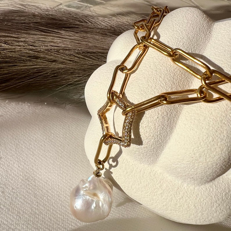 Chunky Gold Layered Chain Necklace With Baroque Pearl, 18K Gold Plated ...