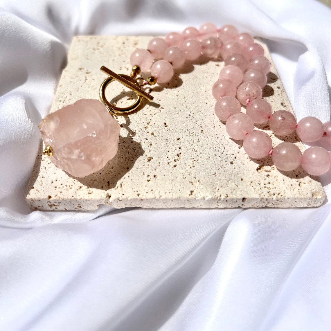 Rose Quartz Beaded Necklace With Raw Rose Quartz Pendant, Hand Knotted ...