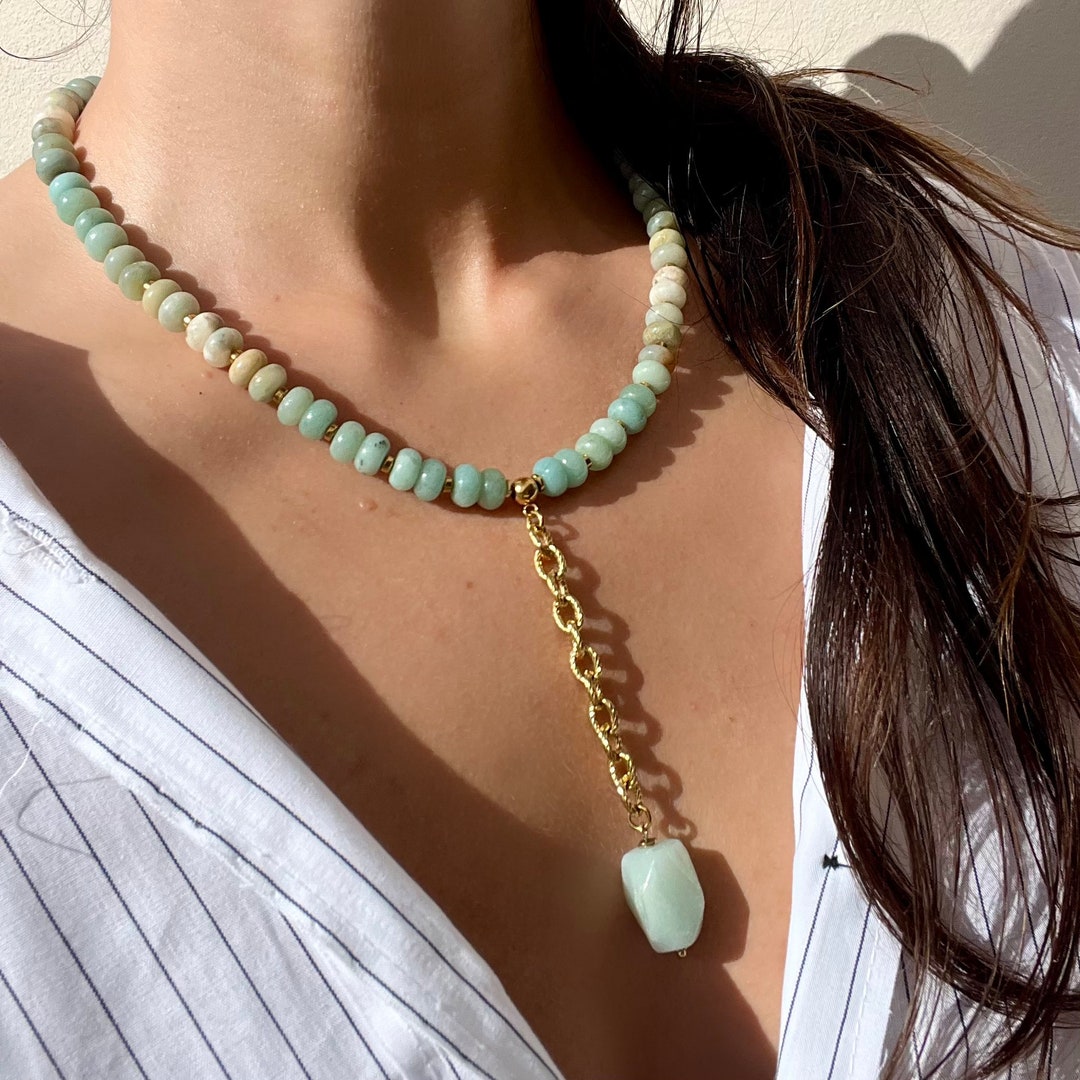 Amazonite Beaded Necklace, Flower Amazonite, Handmade Gemstone Jewelry ...