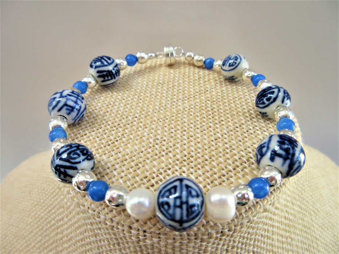 Chinese Porcelain Antique Bead Bracelet,with Blue Jade, Silver and 2 ...