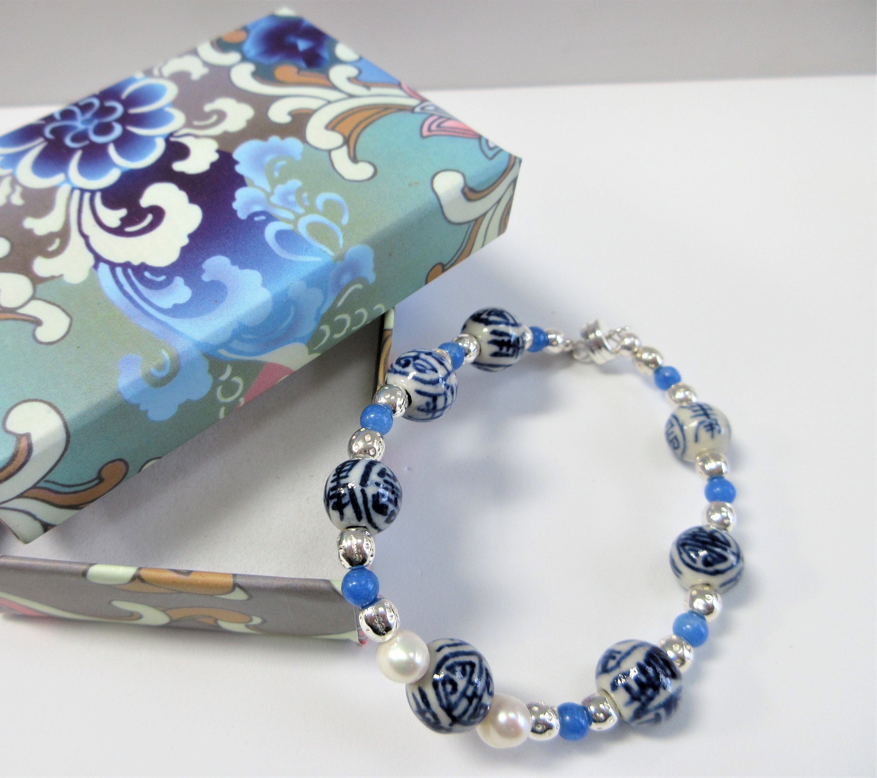 Chinese Porcelain antique bead braceletwith blue jade silver | Etsy