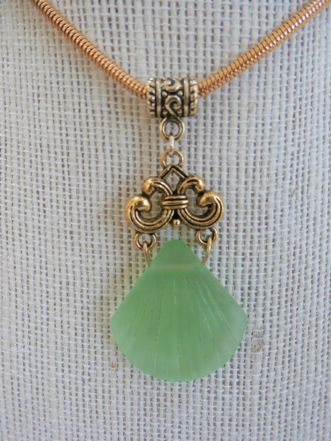 Emerald Green Seaglass Shell Pendant: Hand Wired Gold Bail, 20" Snake ...