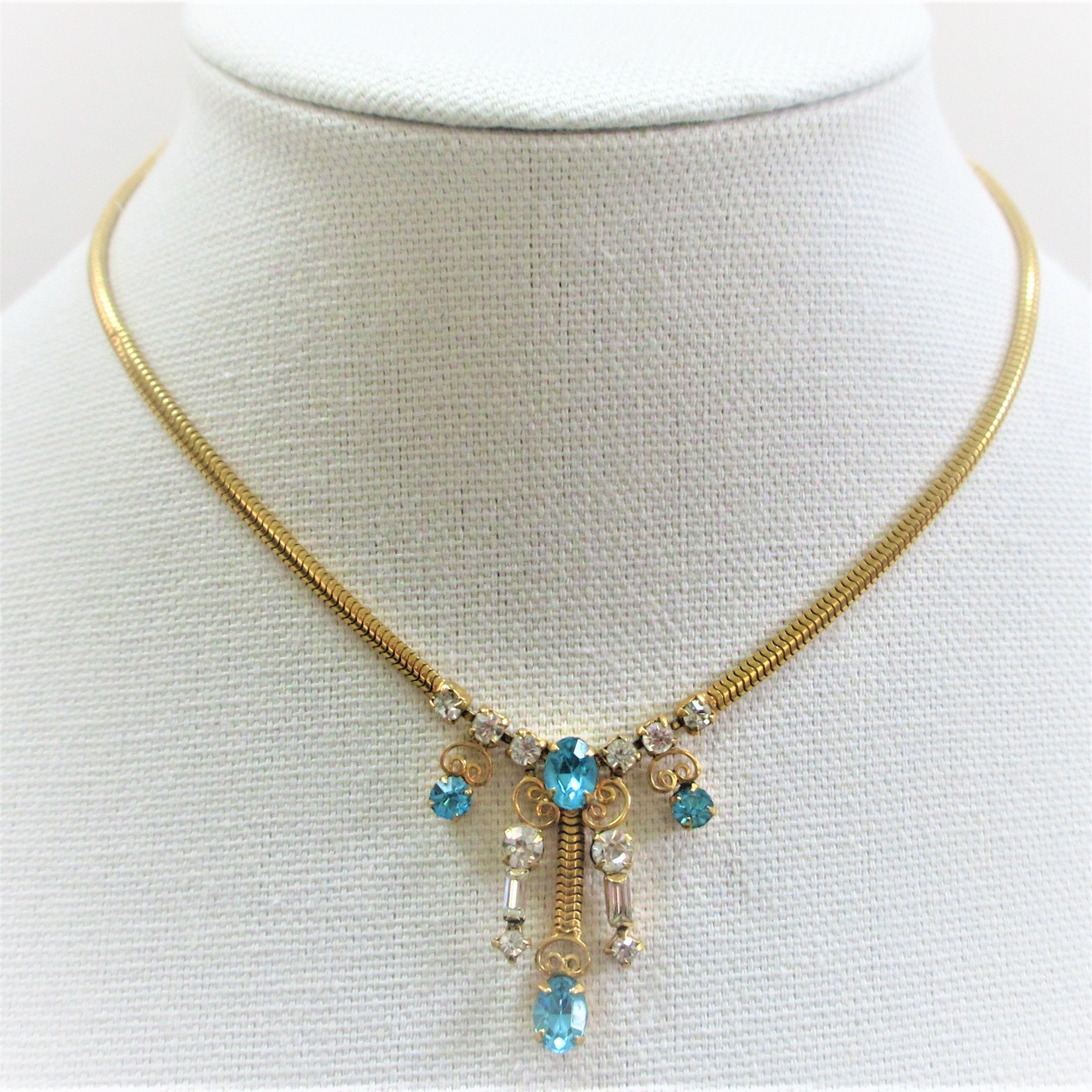 Vintage Leo Glass Necklace & Earrings Set: Teal Crystal, Gold Foil - Etsy