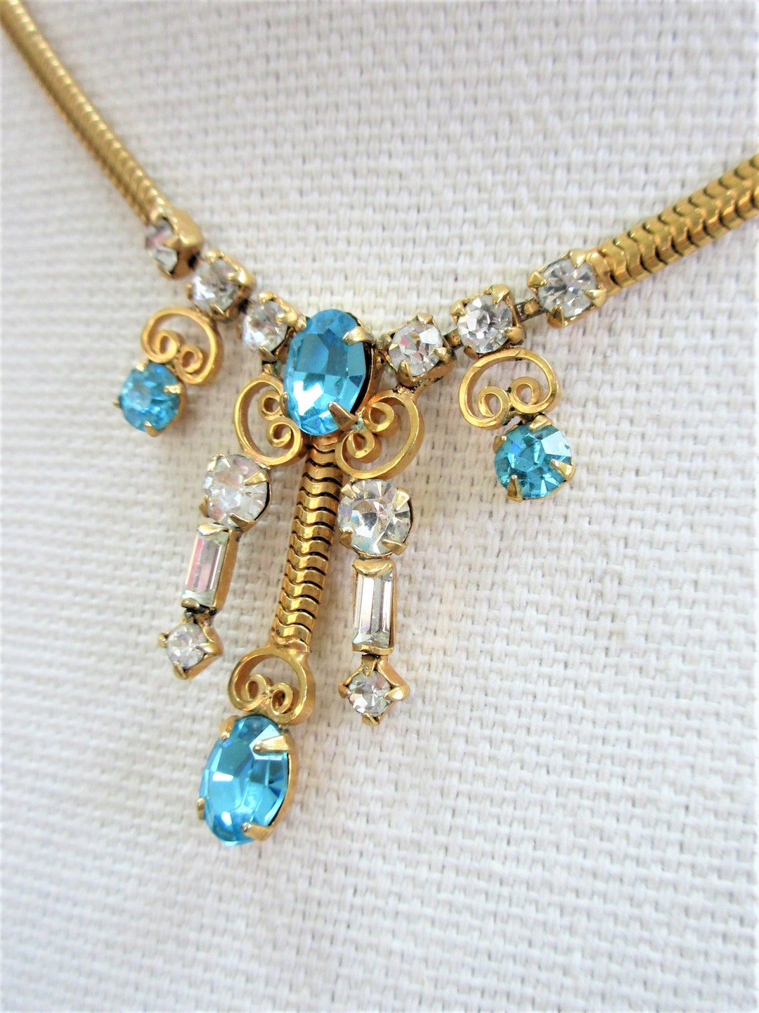 Vintage Leo Glass Necklace & Earrings Set: Teal Crystal, Gold Foil - Etsy