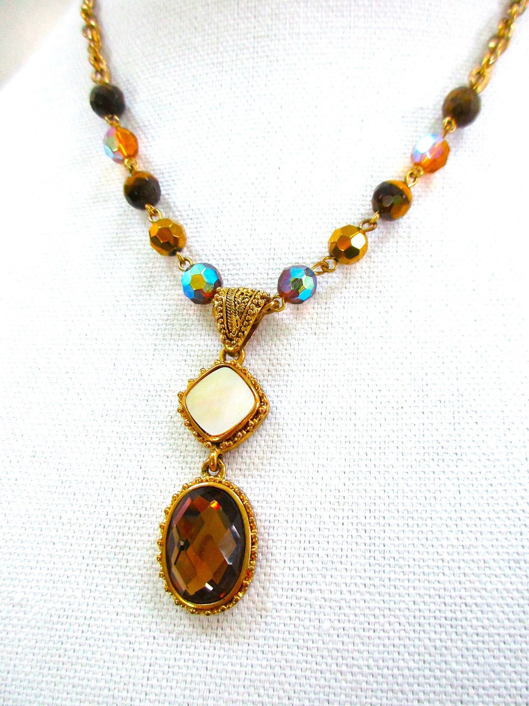 Vintage Gold Cookie Lee Signed Topaz Amber Bead Dangle Pendant Necklace ...