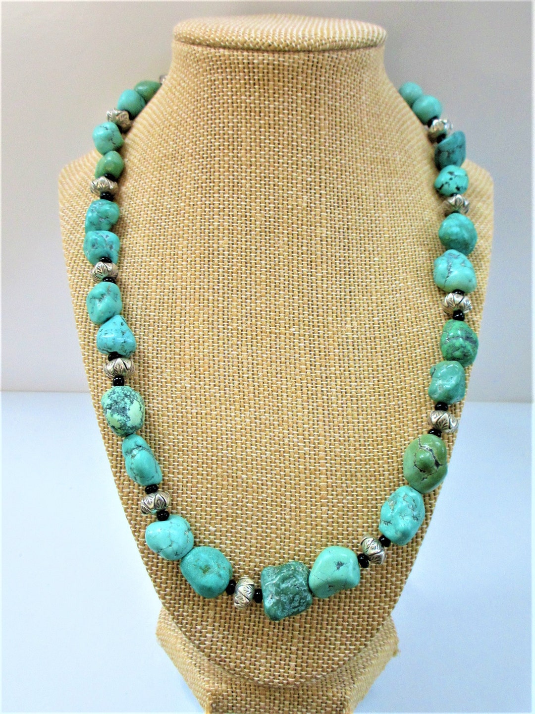 Turquoise Nugget Silver Bead Necklace,black Shiny Spacers,22 ...