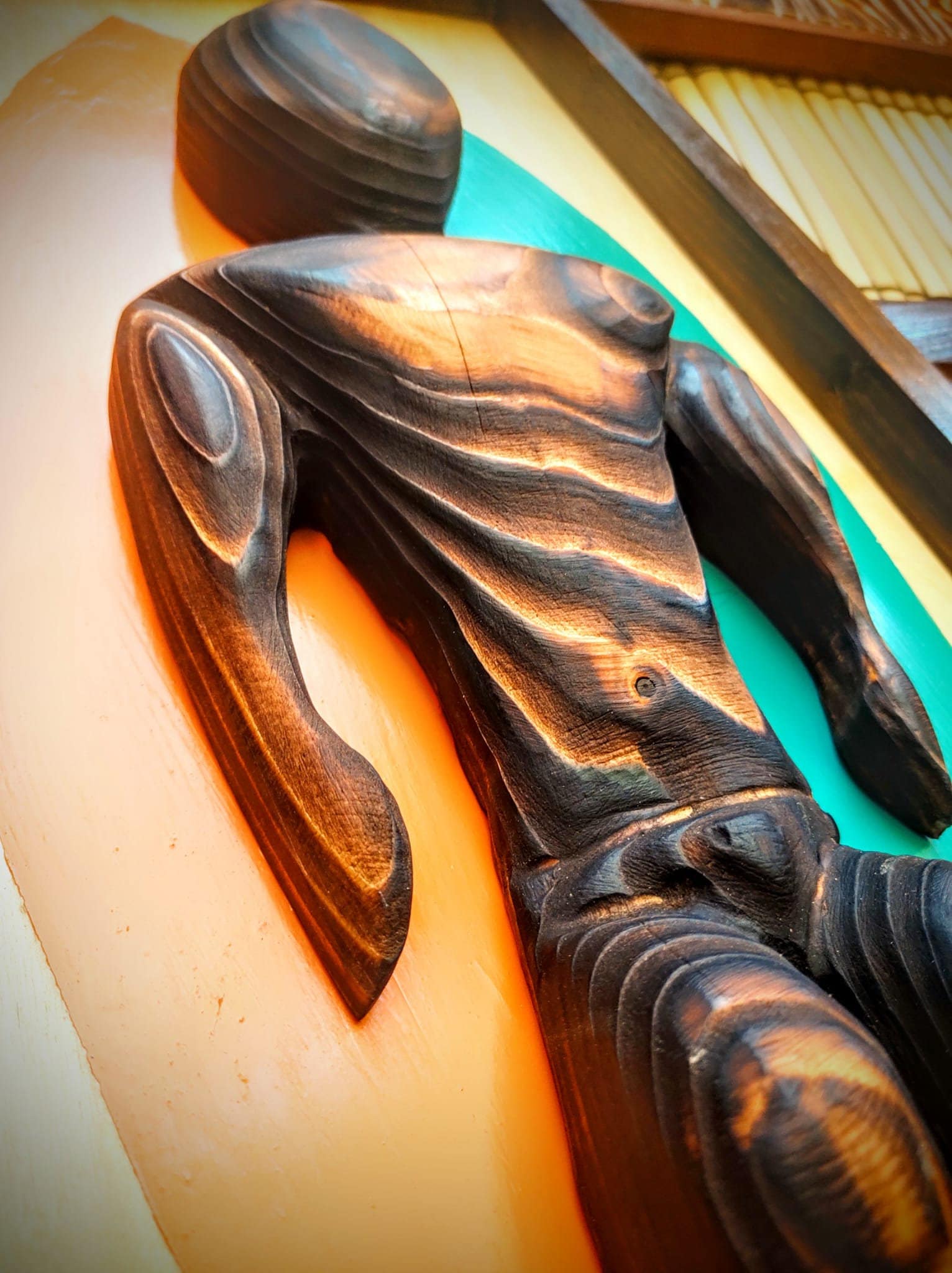 Tiki Nukuoro in Mid Century Modern Frame. Background on Birch Wood in ...