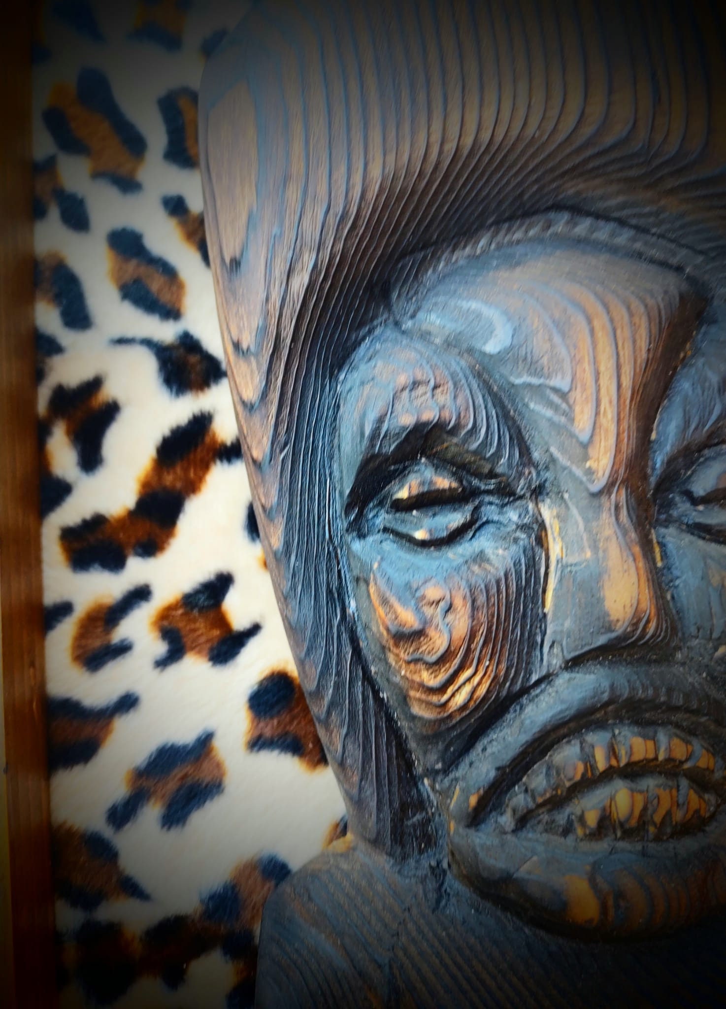 Vintage Tiki in Frame With Leopard Background. Unique Piece by Paul ...