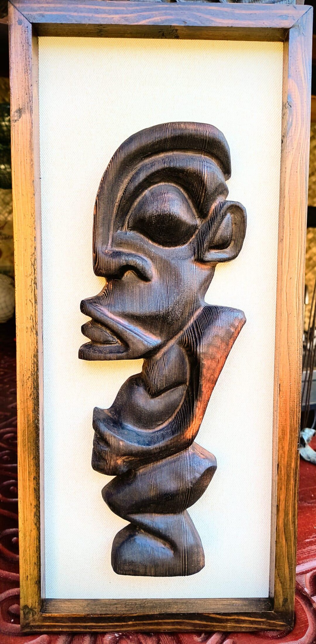 TIKI TANGAROA in Carved Frame, Larch Wood With Fabric Background in Mcm ...