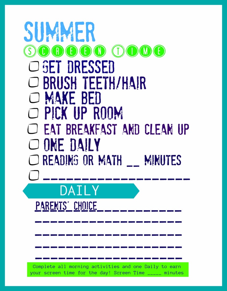 Summer Screen Time Chart Instant Download - Etsy