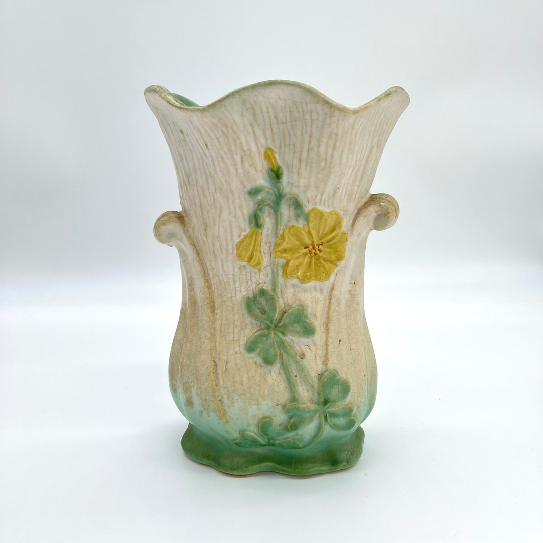 Vintage Weller Pottery Roba 2 Handled Vase Green White Yellow Relief ...