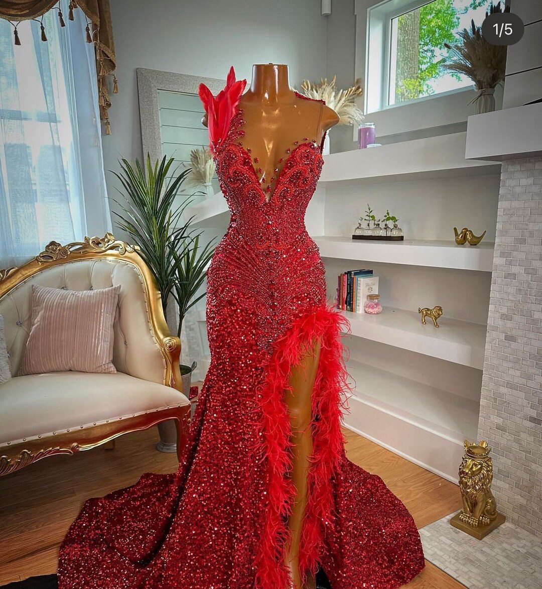 Luxury Red Sequin Dress, Embellished Prom Gown With Feathers, Birthday ...