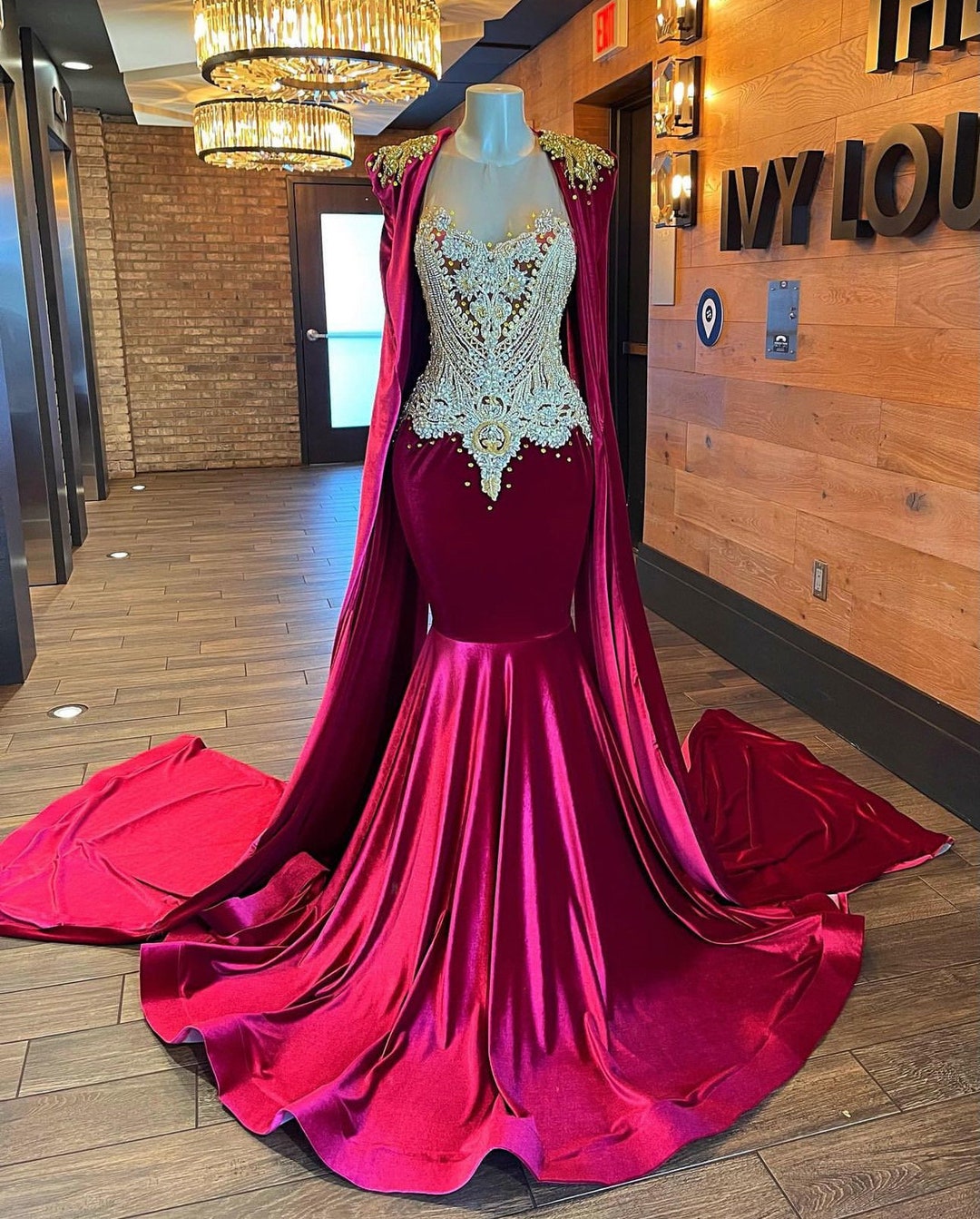 Red Mermaid Dress With Cape, Velvet Dress, Evening Dress, Prom Dress ...