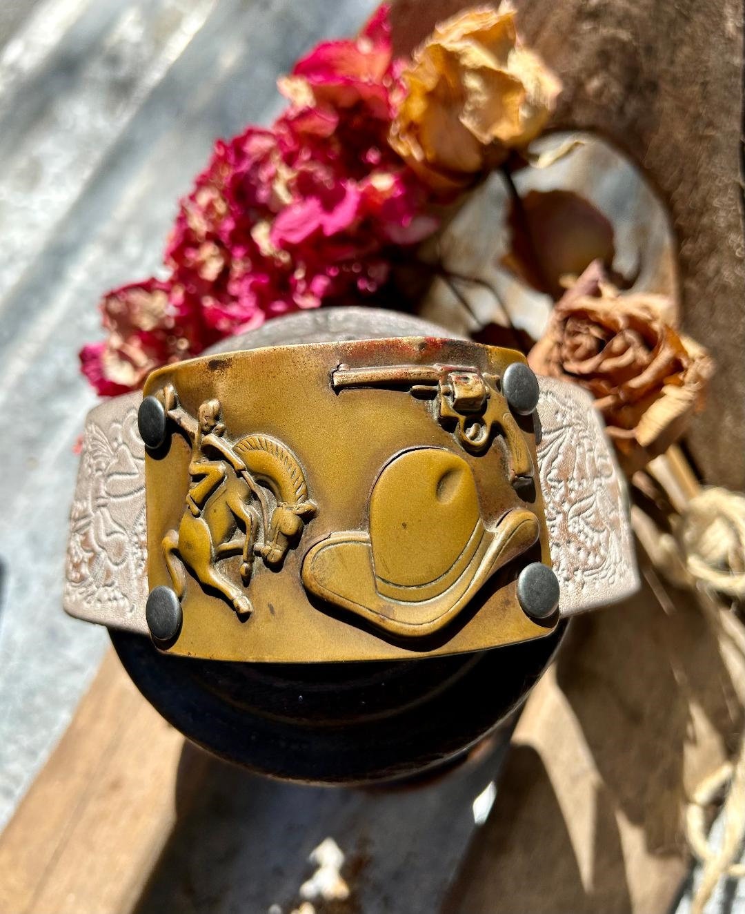 Vintage Western Themed Brass Belt Buckle and Upcycled Leather Tooled Belt Cuff-bracelet-vintage ...