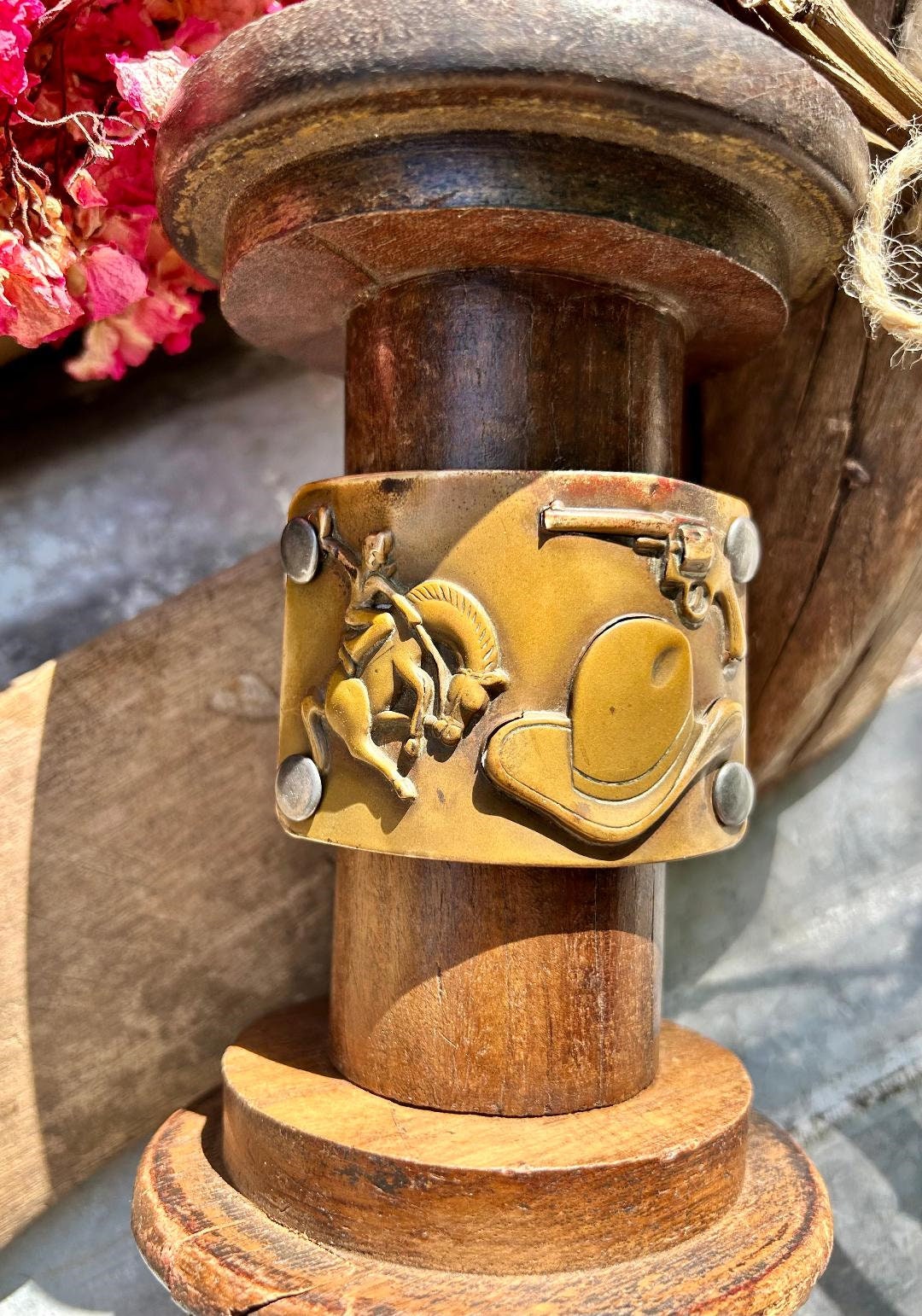 Vintage Western Themed Brass Belt Buckle and Upcycled Leather Tooled ...