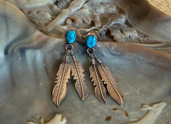 Vintage turquoise Native American feather dangle drop… - Gem