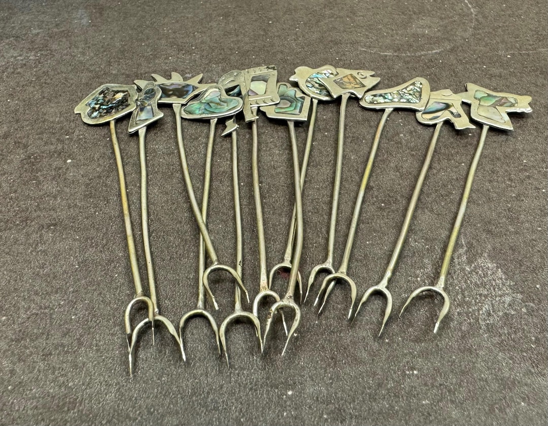 Vintage 12 Mexico Abalone Alpaca Cocktail Forks , Bar Ware, Preowned ...