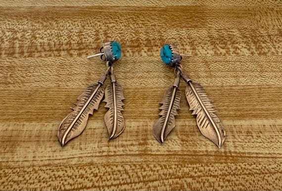 Vintage turquoise Native American feather dangle drop… - Gem