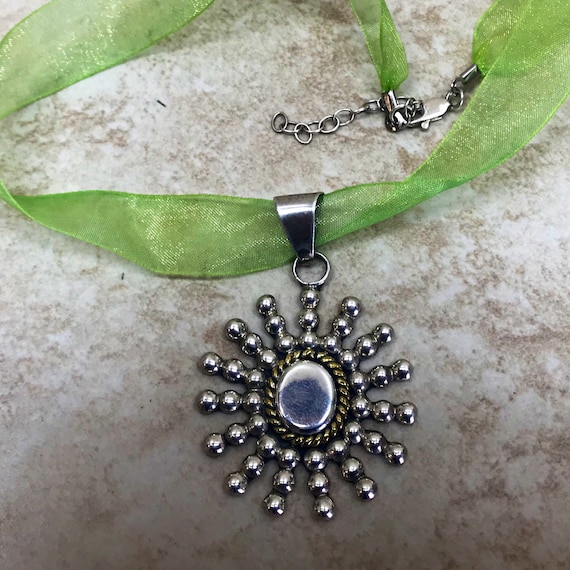 Modernist TAXCO Silver & Brass Big Round Spike Pendan… - Gem