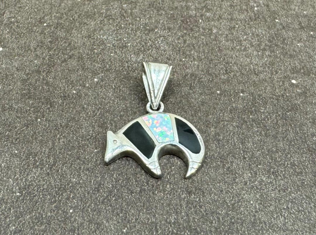 Native American Bear Pendant With Black Onyx & Opal Inlay Sterling ...