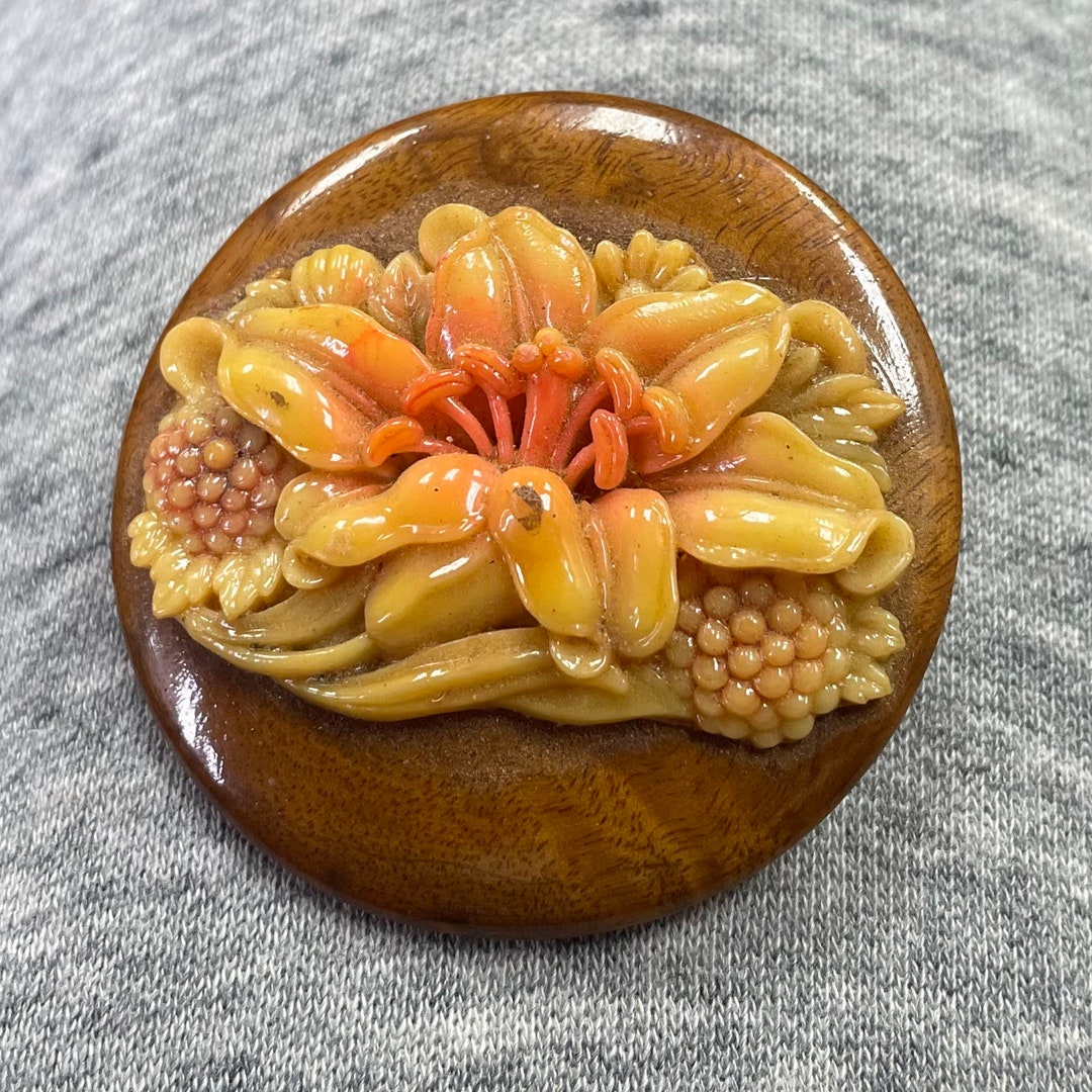 Vintage Celluloid Flower Brooch on Wood - 2" Diameter - Etsy