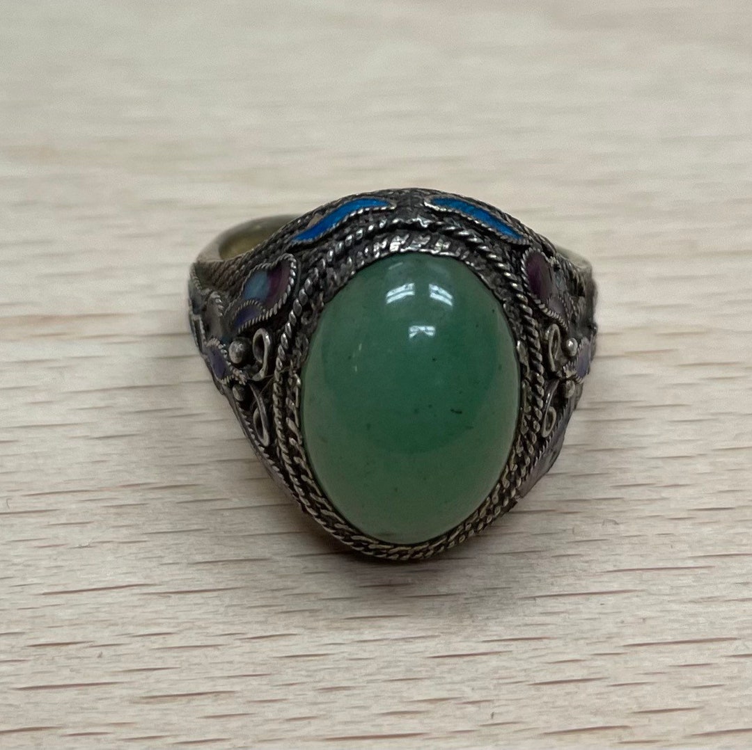 Vintage 1900s Chinese Jade & Enameled Ring 7 1/2 Adjustable.#200394t2 ...